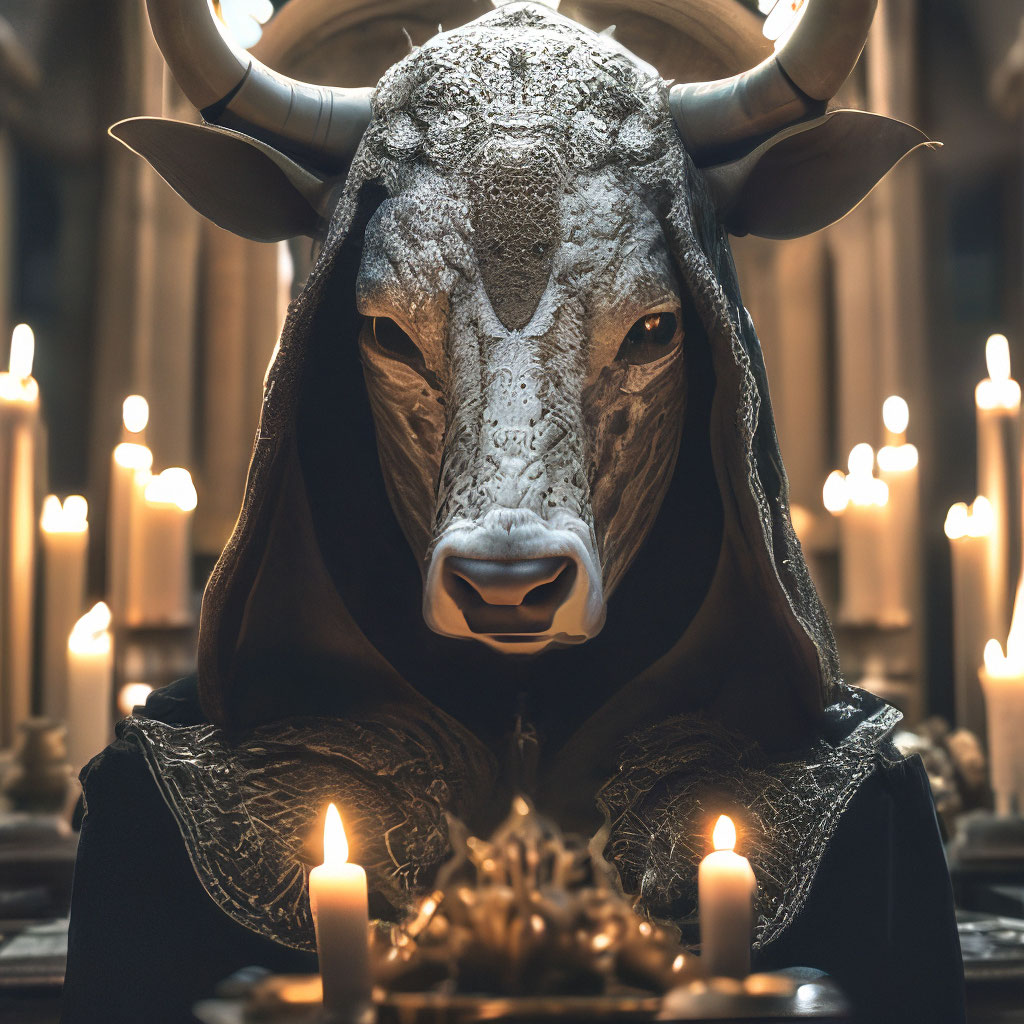 "Photo portrait of cattle, photorealism, bull's face in a black mantle ...