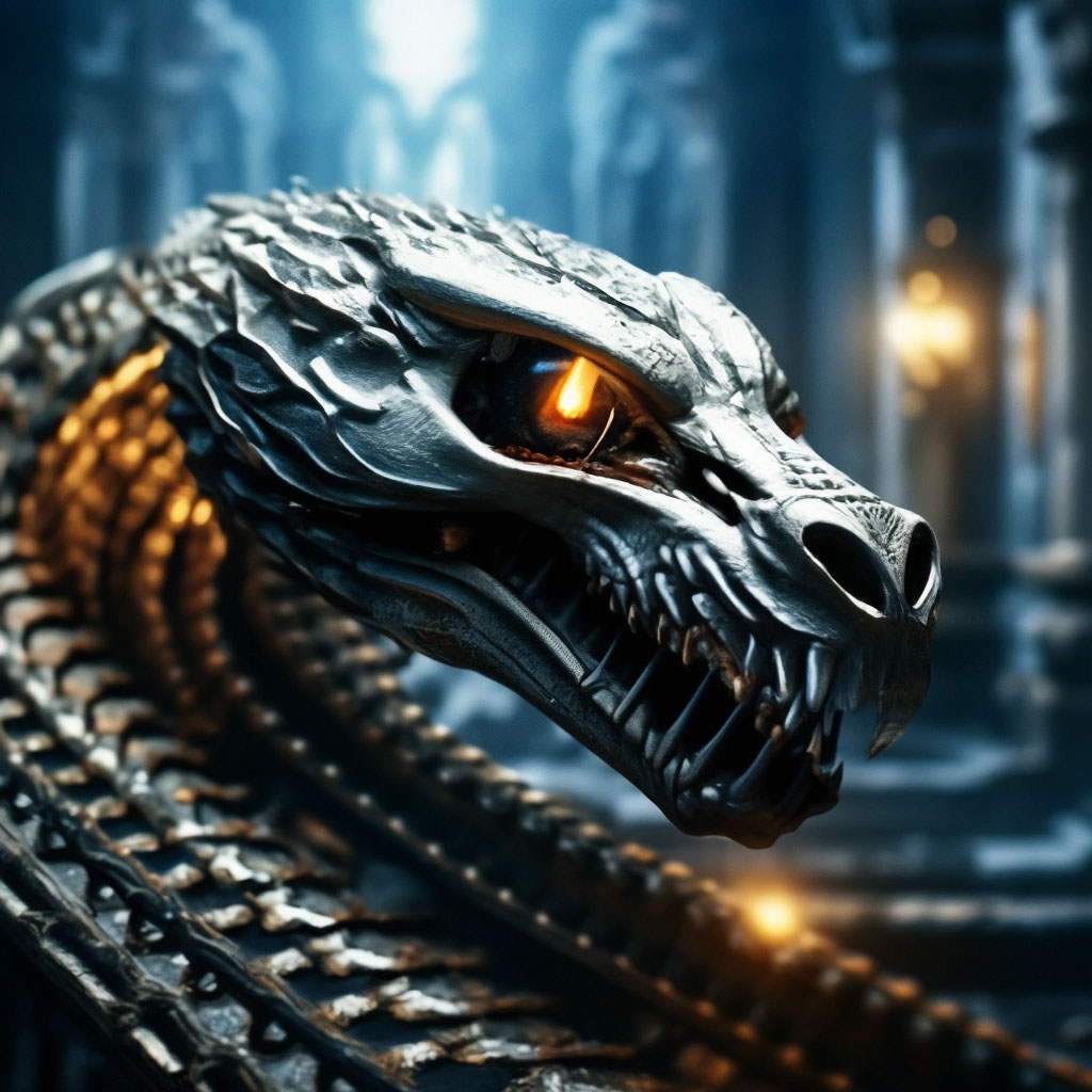 "Huge stone snake-skeleton, steampunk, metamorphosis, many details, HRD ...