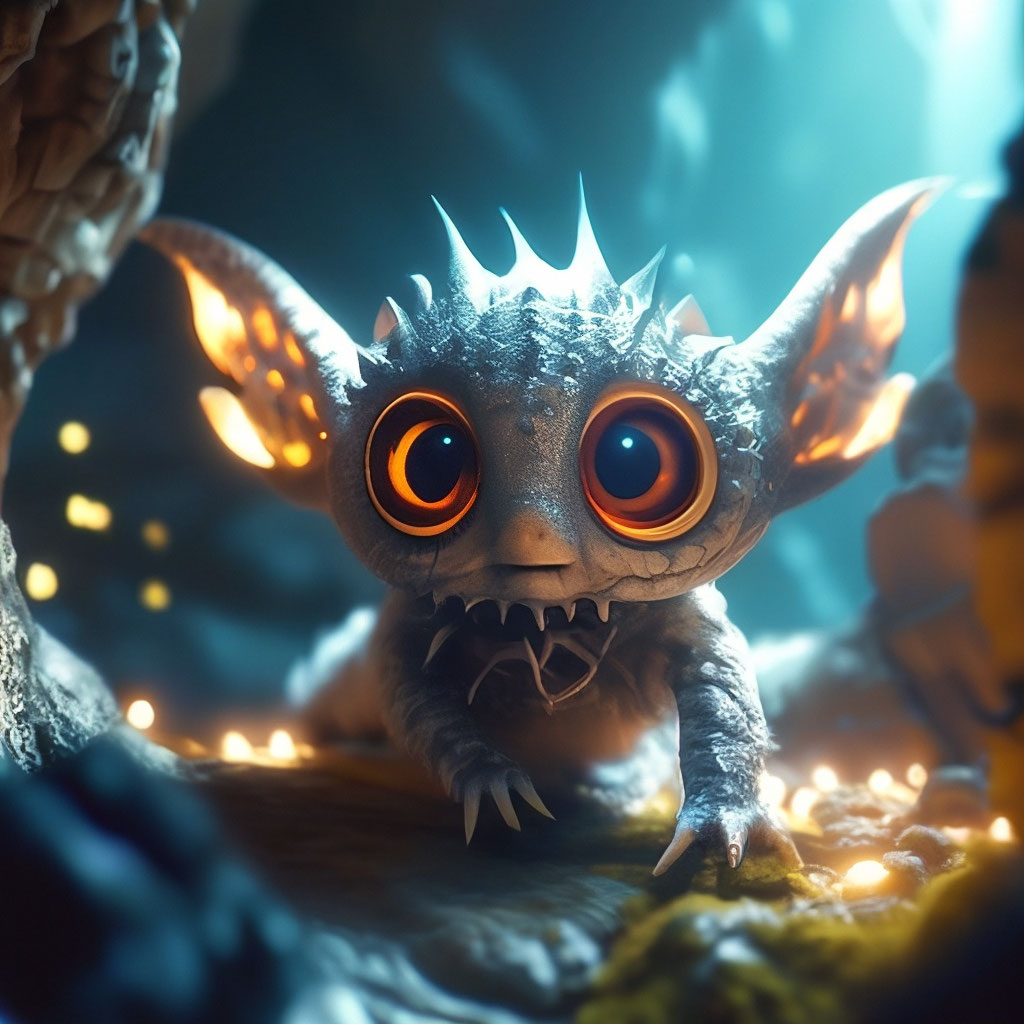 "An unusual cute fairy-tale creature crawls in a cave. huge eyes ...