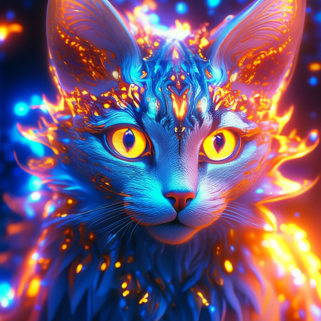 "Surrealism, cute anime cat, consists of fractals, fairy elf, blue ...