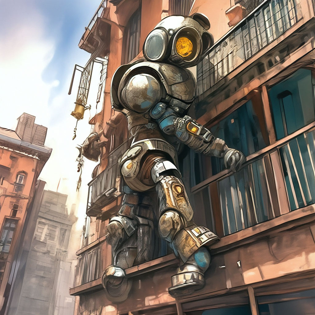 "An old battered anthropomorphic android robot goes down the fire ...