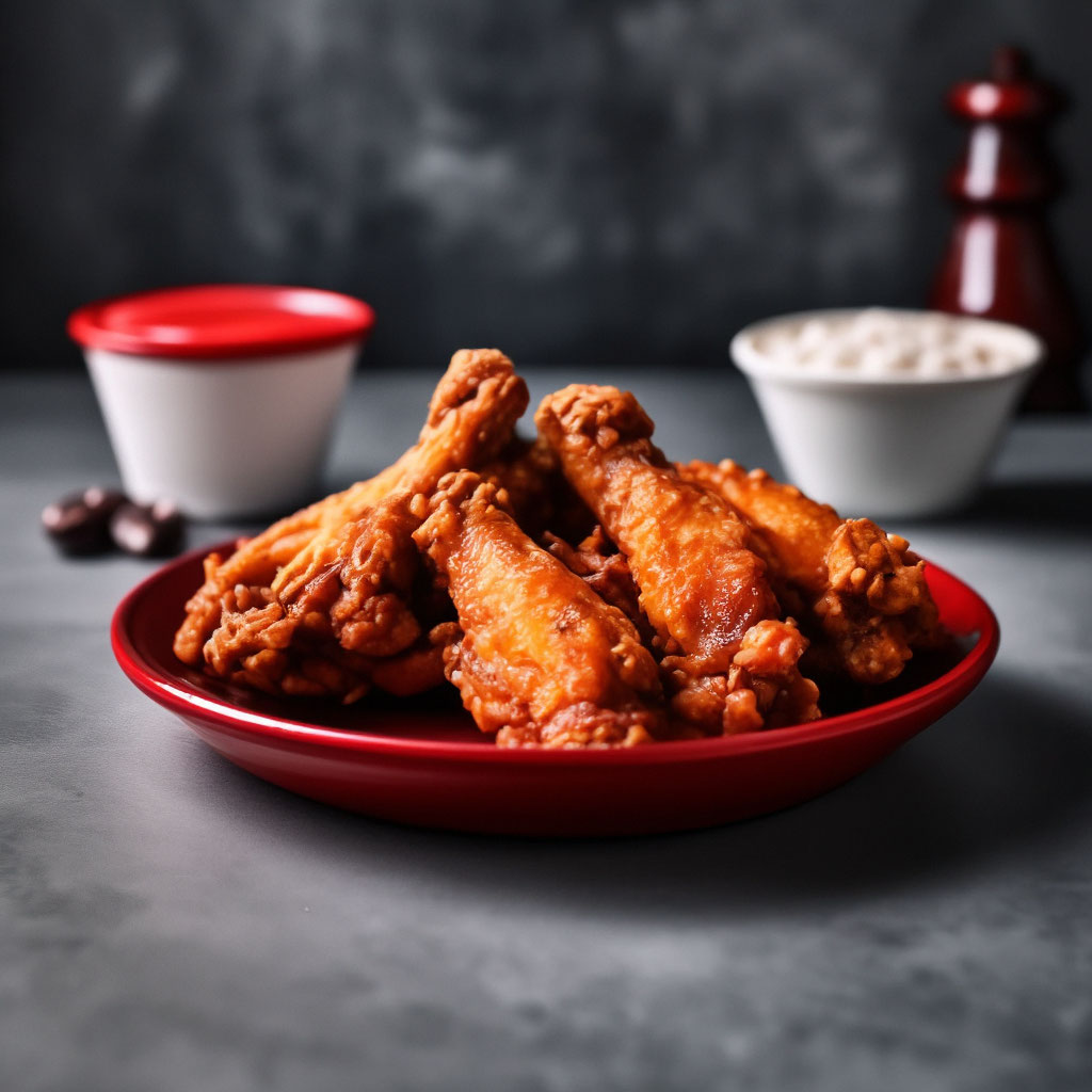 "Red dishes with fried chicken wings. the word "KFC" is written on the ...