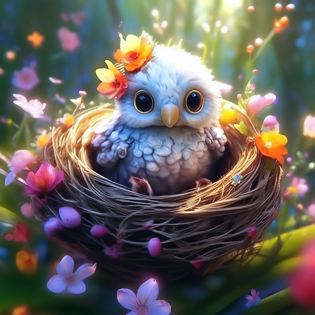 "A nest woven from flowers, a cute little flower creature with big ...