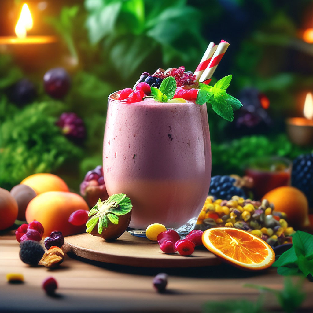 "Fruit smoothie in an elegant glass with dried fruits ,mint ...