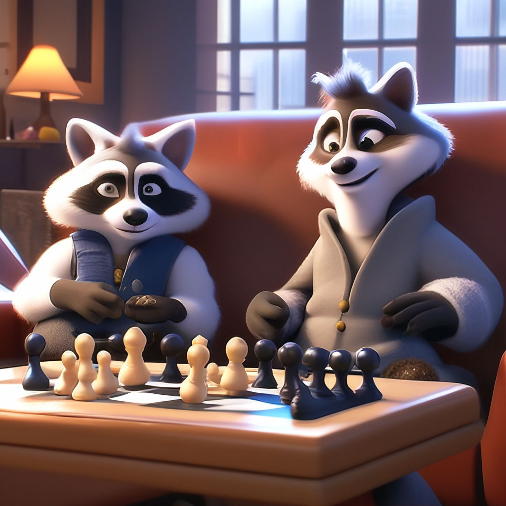 "Humanoid Raccoons grandfather and grandson, sitting on the couch ...