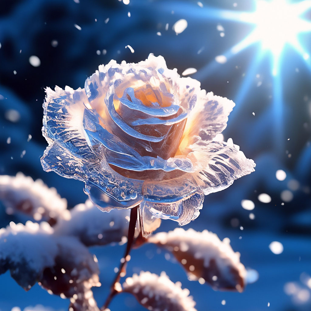 "A rose made of ice, in a whirlwind of sparkling snowflakes, sparkling ...