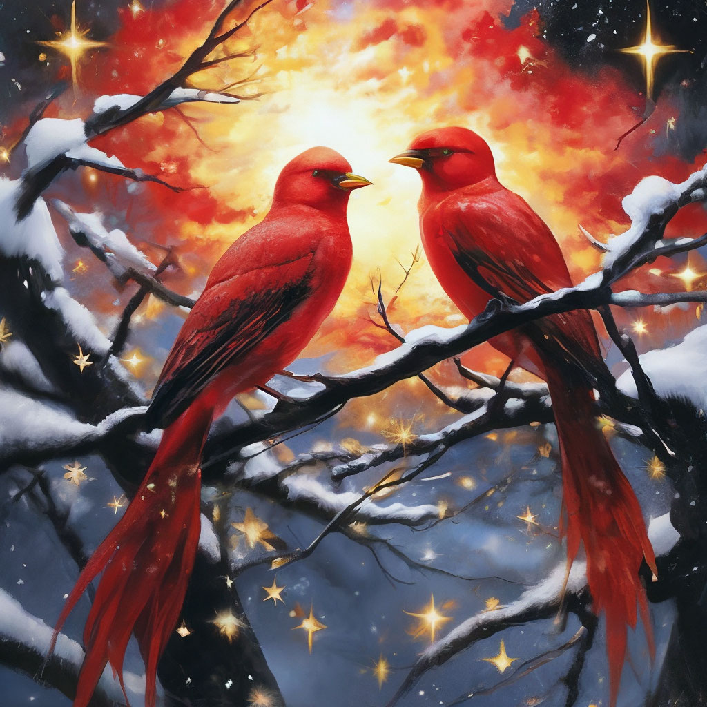 "2 red birds, with fiery plumage, golden paws, black sky, white ...