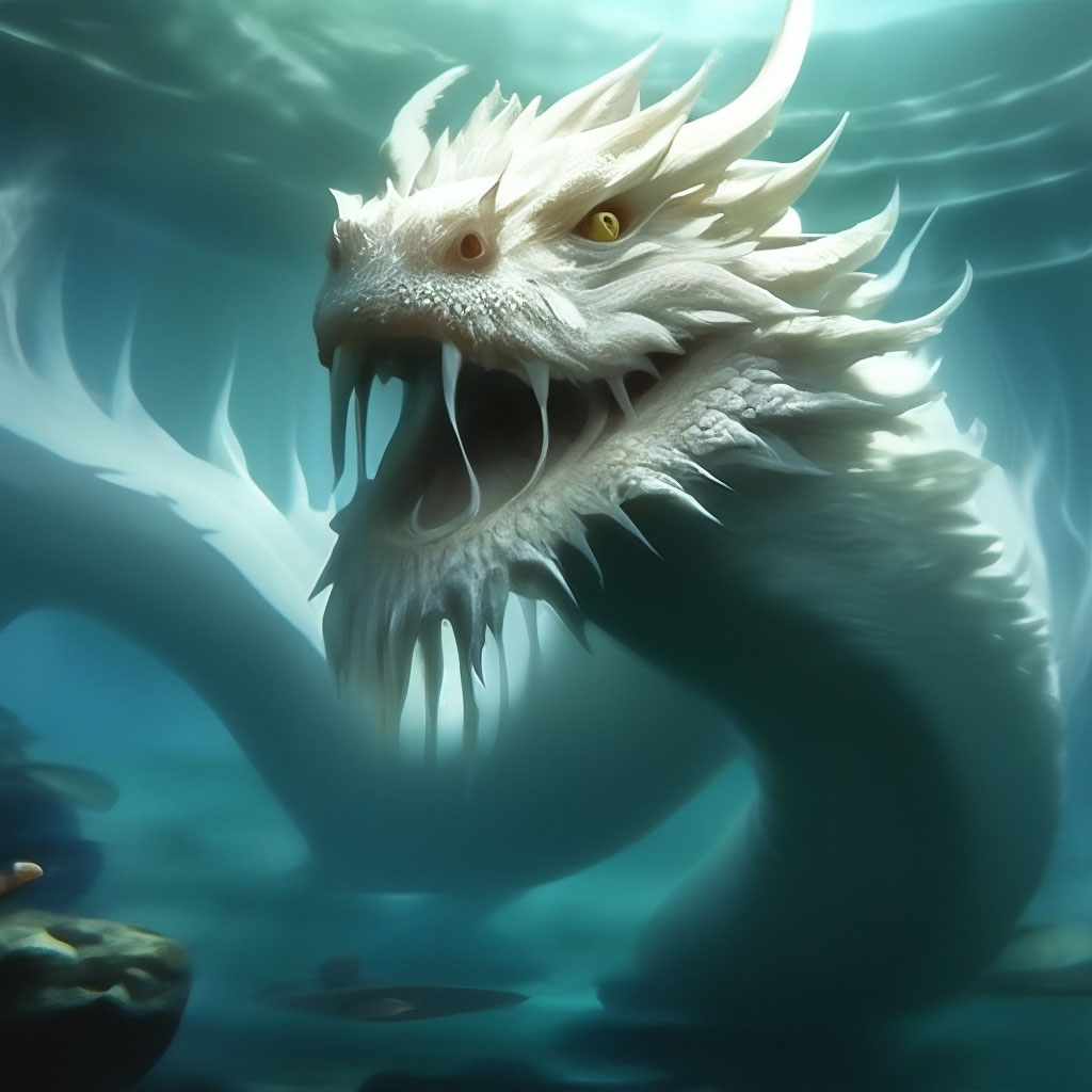 "At the bottom of the sea, a huge white water dragon floats in the ...