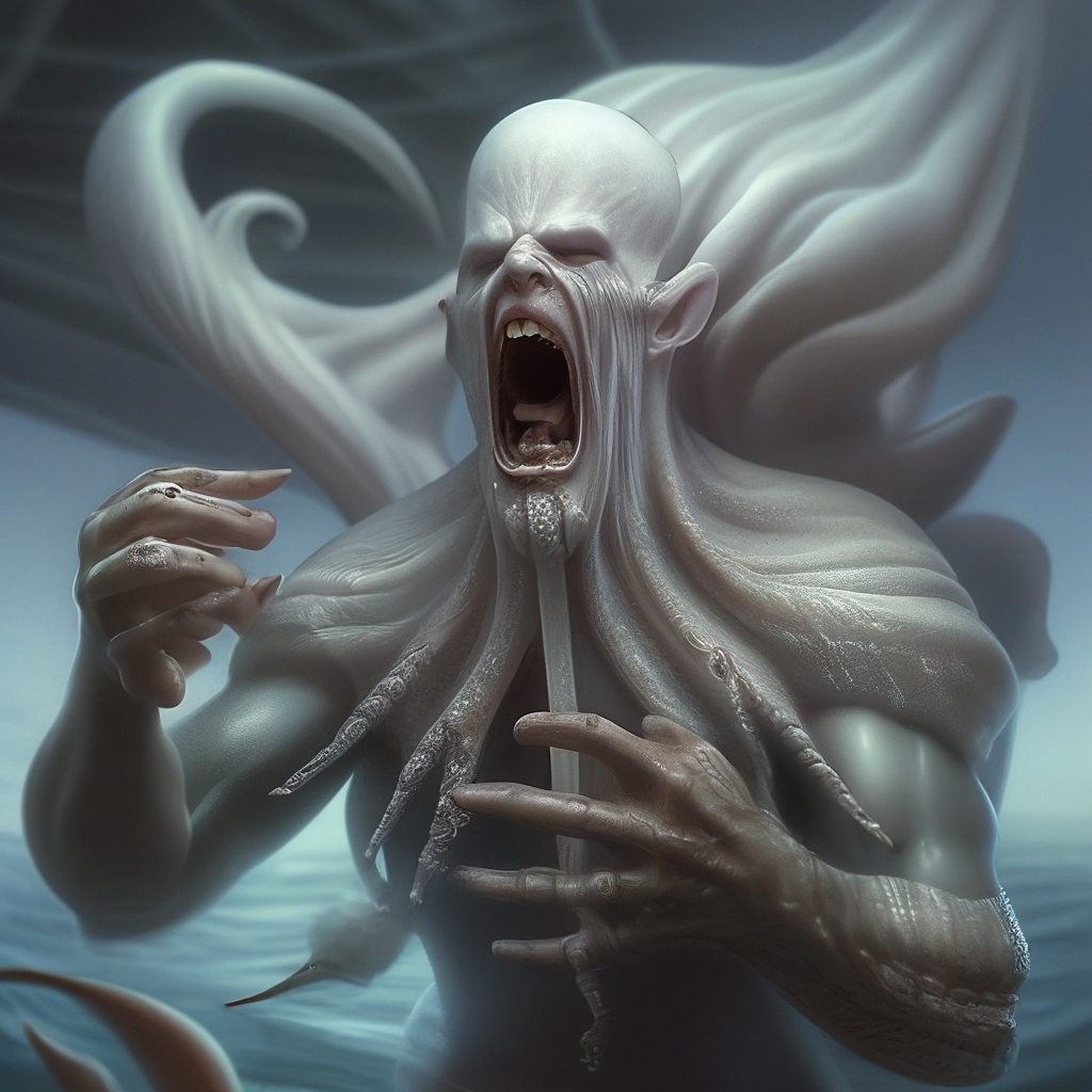 "The squid man.translucent . realism .he holds a ship in his hands. an ...