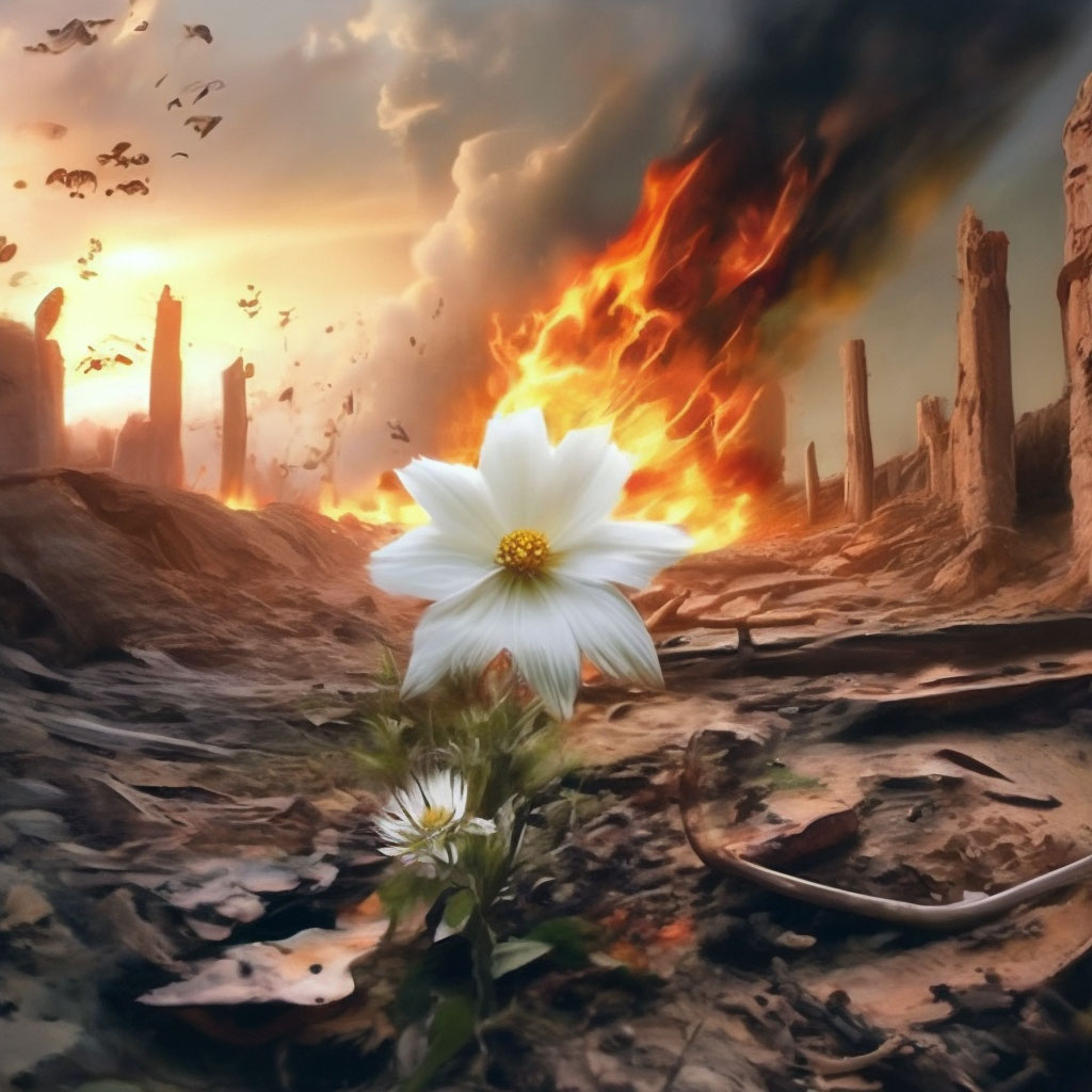 "Devastation, the end of the world, fire and a small white flower ...