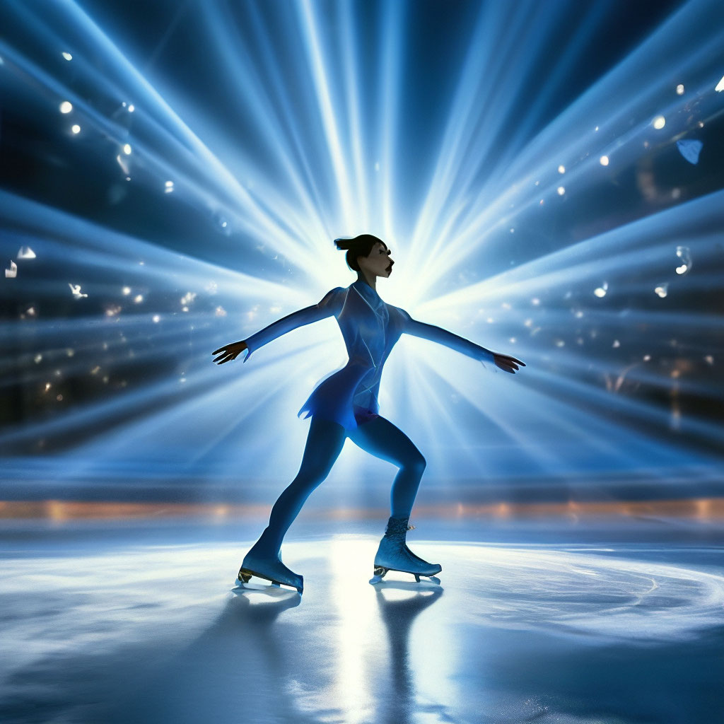 "Figure skater in blue spinning on one leg, silvery ice bluish shade ...