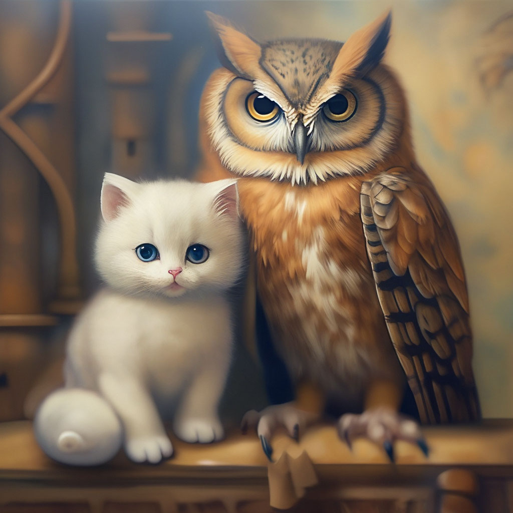 "The owl and his kitten friend" — image created in Shedevrum