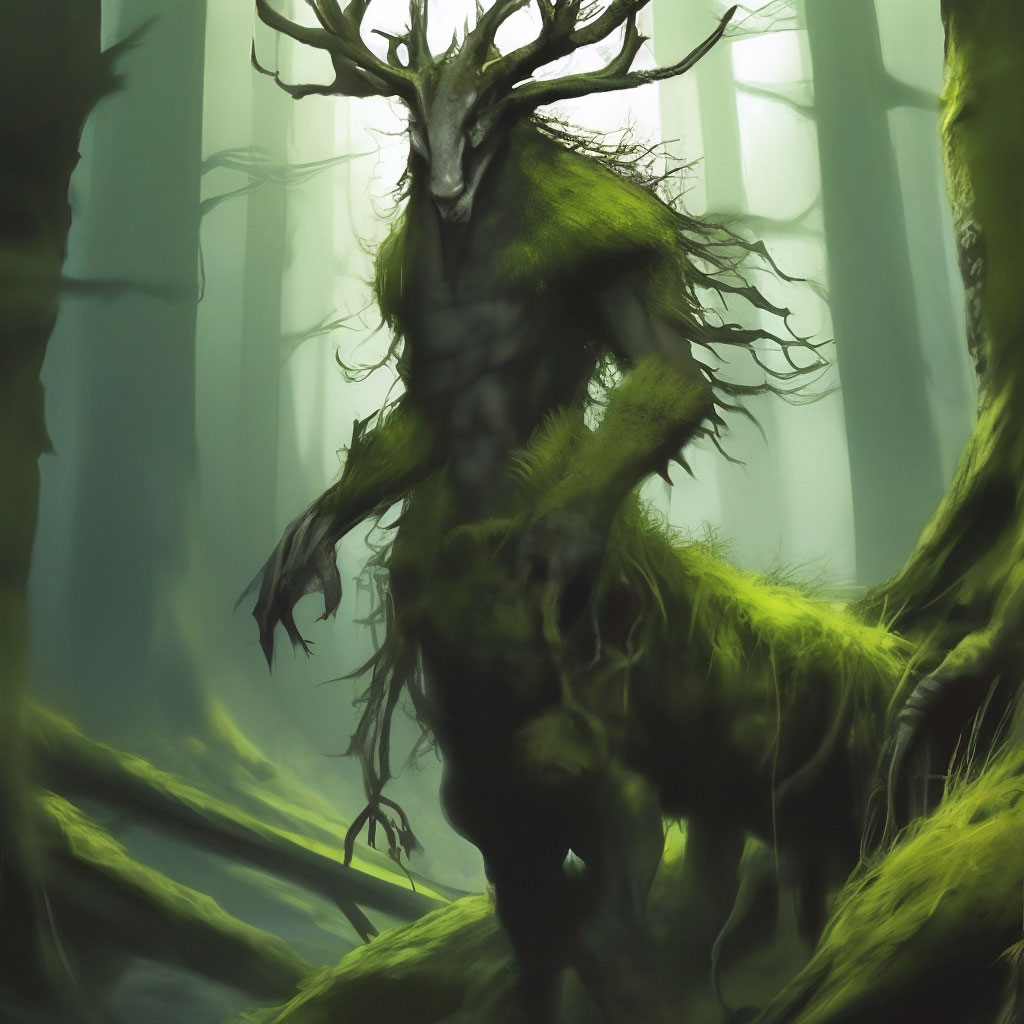 "Thin centaur. irish forest, moss, needles, roots. full-length, focus ...