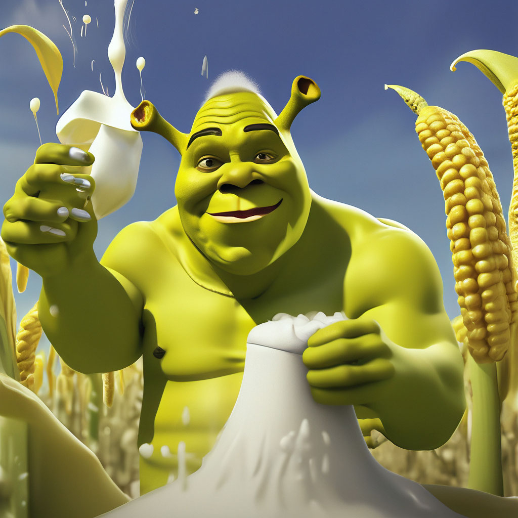"Shrek uncovers the corn and pours milk on himself" — image created in ...