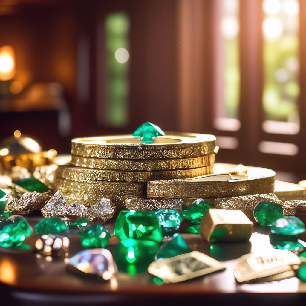 "A large stack of money in which precious stones emeralds diamonds gold ...