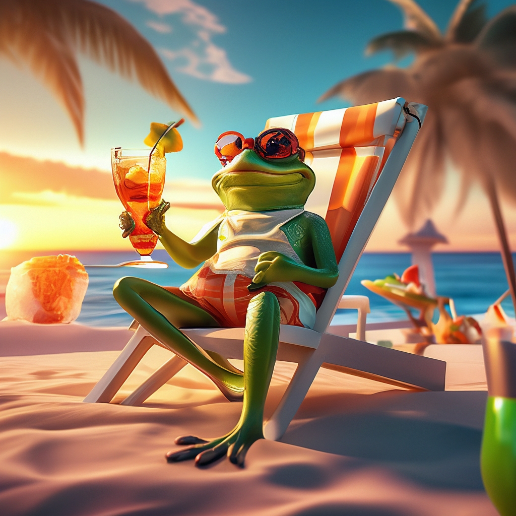 "Anthropomorphic cheerful frog in shorts drinks a cocktail on a sunbed ...