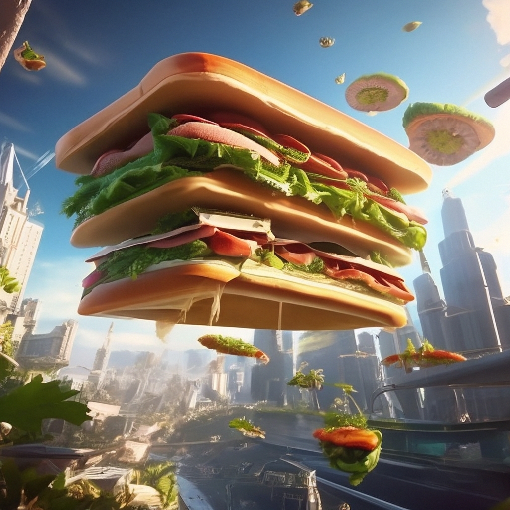 "The law of the falling sandwich" — image created in Shedevrum