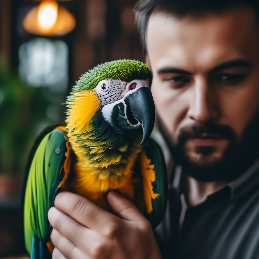 "A parrot in the arms of a man" — image created in Shedevrum