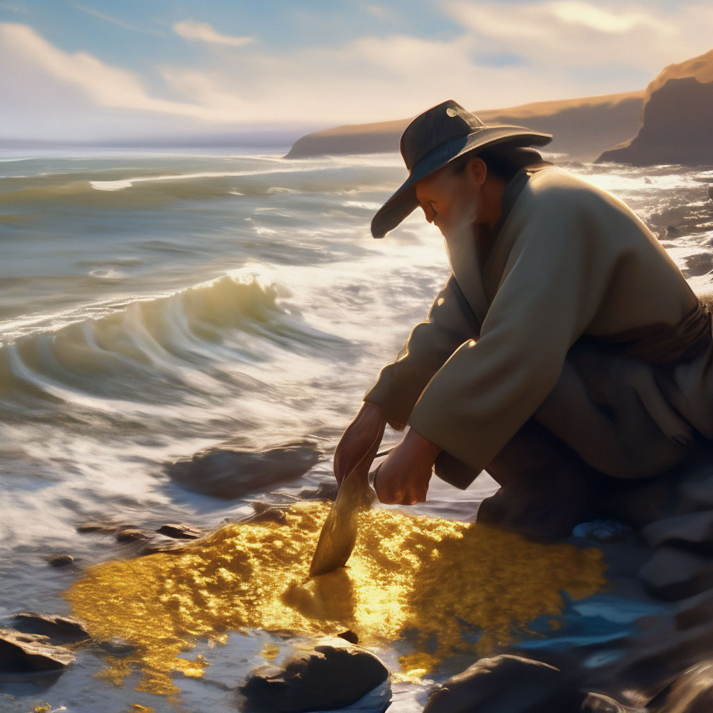 "Prospector washes gold, tired look, old methods, magadan coast, light ...