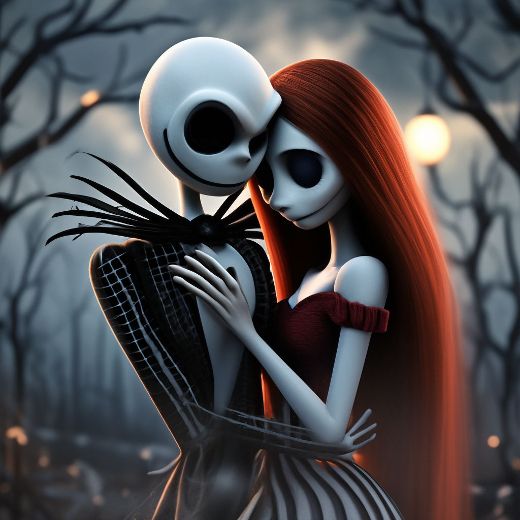 "Jack Skellington hugs Sally, full moon, gothic" — image created in ...