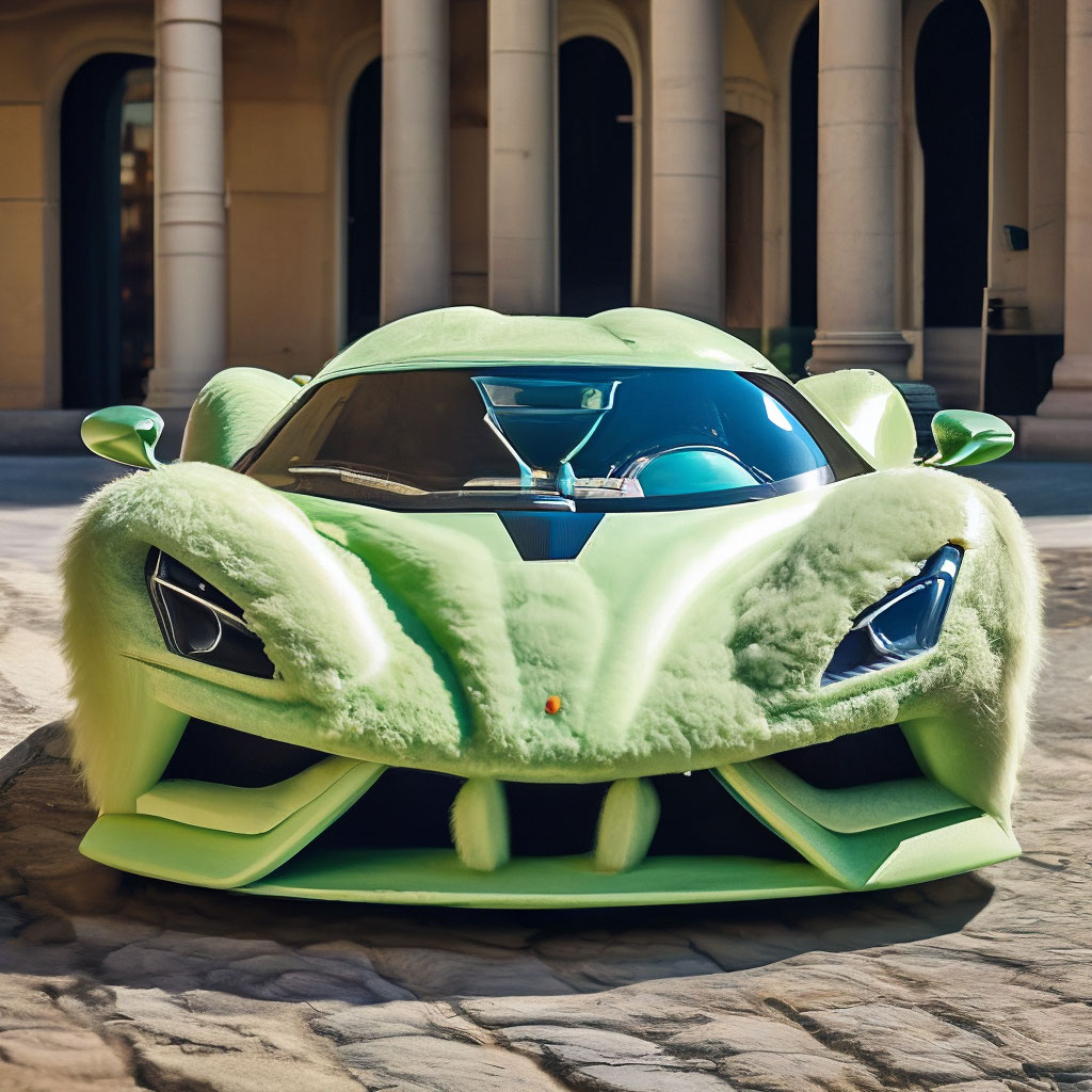 "Pistachio fluffy hypercar, front view" — image created in Shedevrum