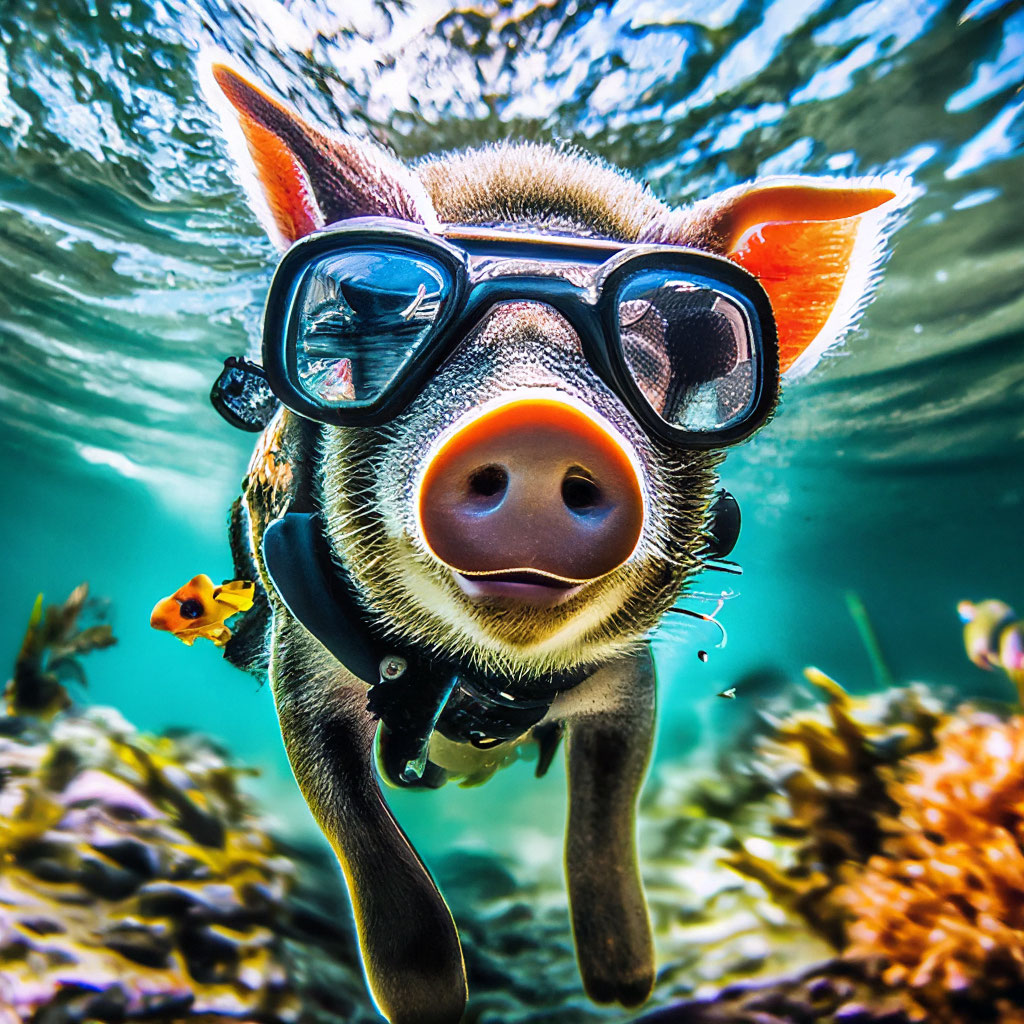 "Cute Pet pig with scuba gear and glasses for swimming underwater near ...