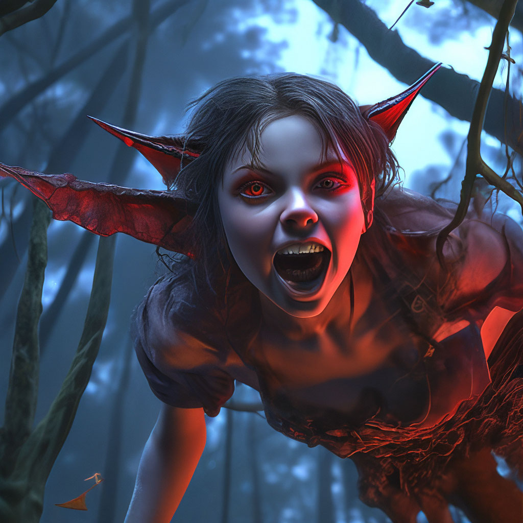 "A beautiful mutant girl with the head of a bat, hanging upside down on ...
