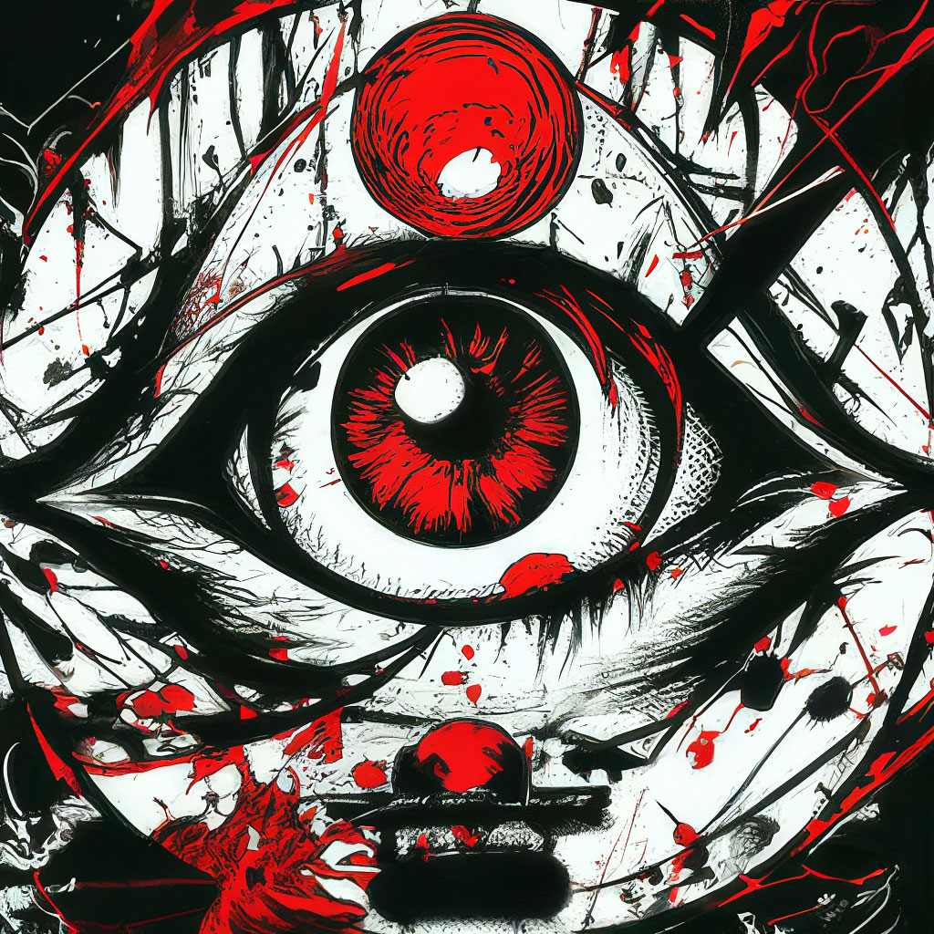 "Panic+eyes, dark tones, dark tones, horror, horror, splashes of red ...