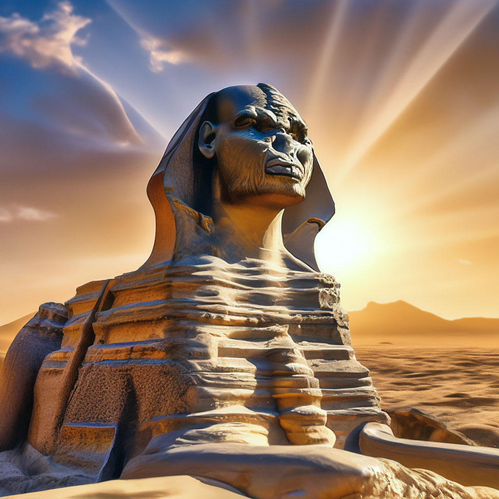 "Sphinx in the desert, close-up, the sun rises, the sun shines brightly ...