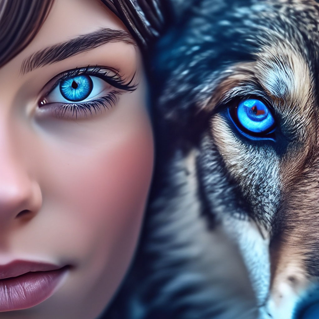 "A brunette girl with dark blue eyes and a wolf with heterochromia of ...