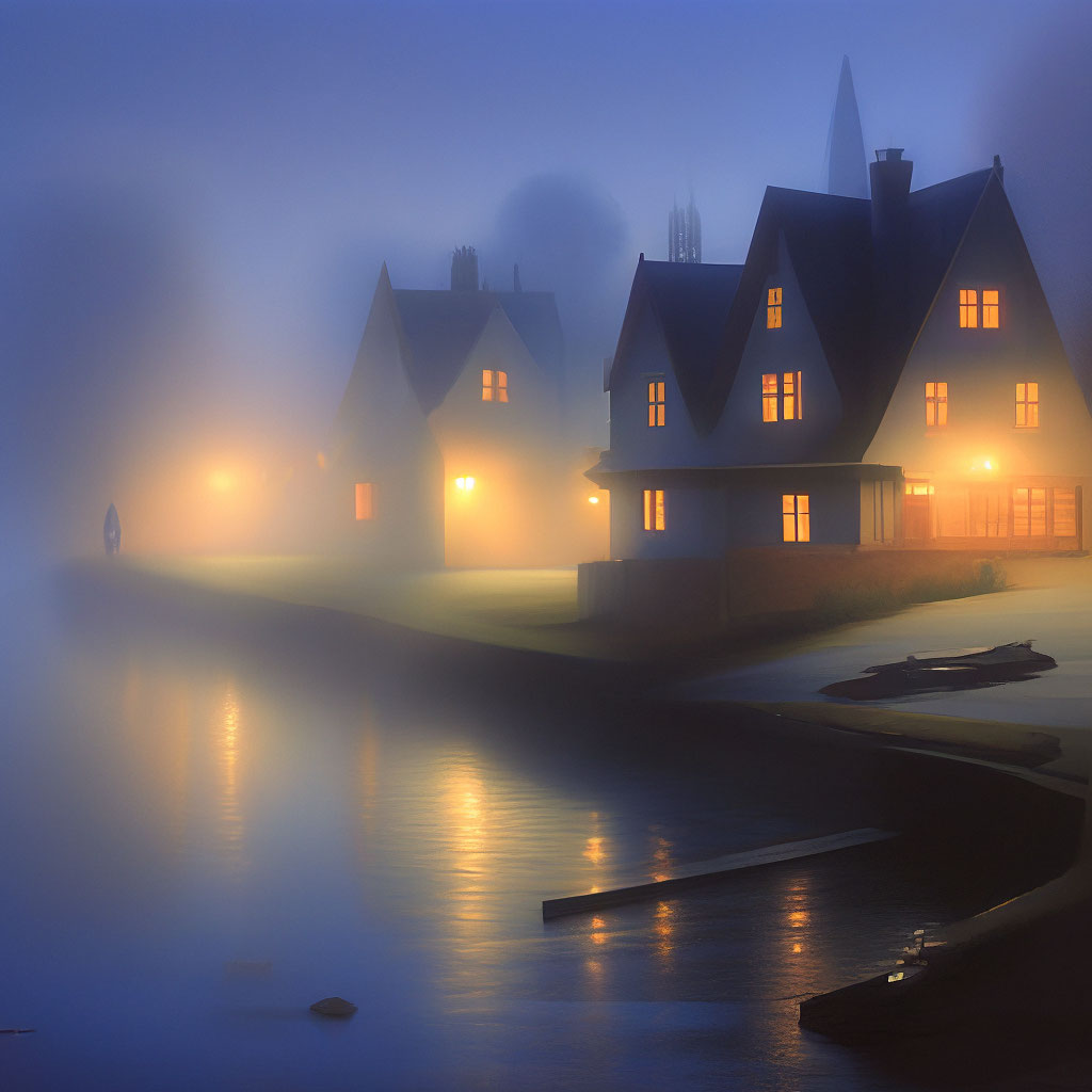 "Night, twilight with fog, you can see how the light shines in the ...