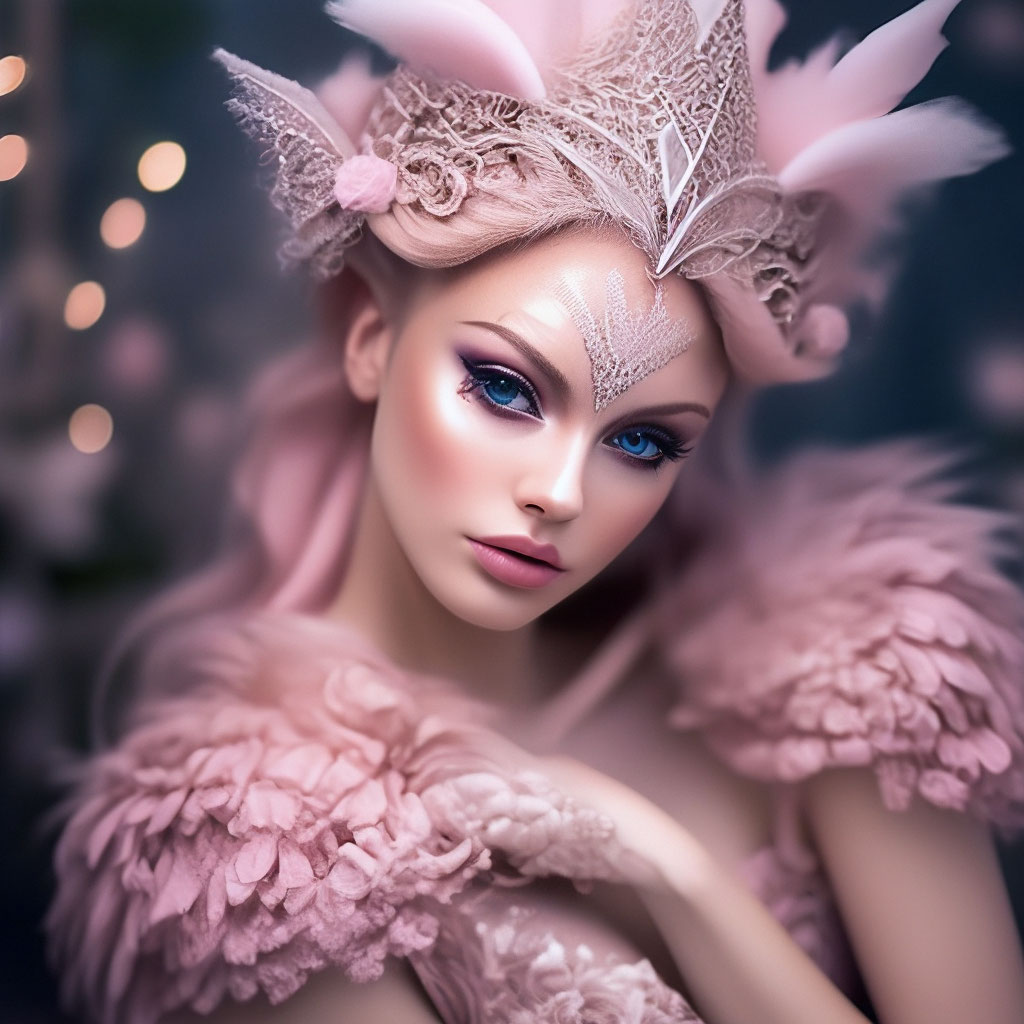 "Professional photo of a beautiful swan princess, makeup in dusty pink ...