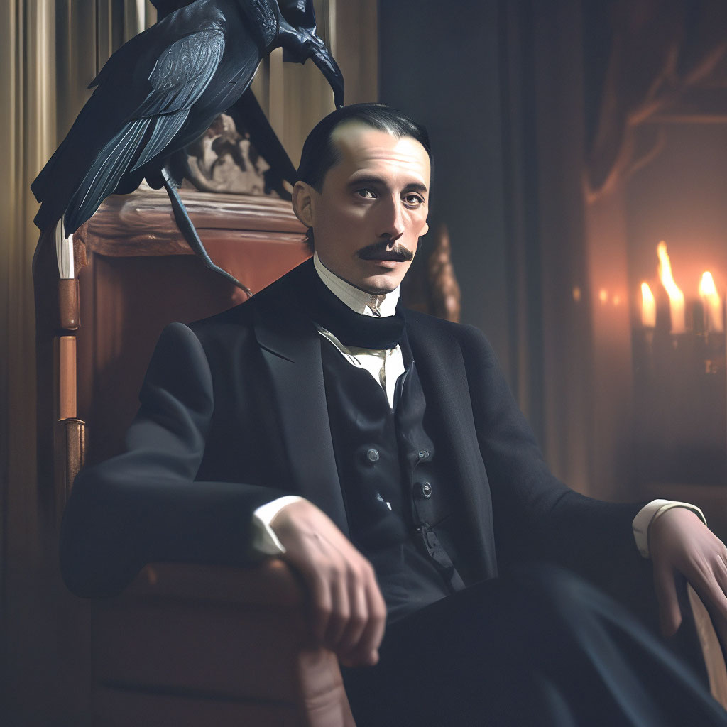 "Close-up. the poet Alan Edgar Poe. skinny. sparse dark hair. bald ...