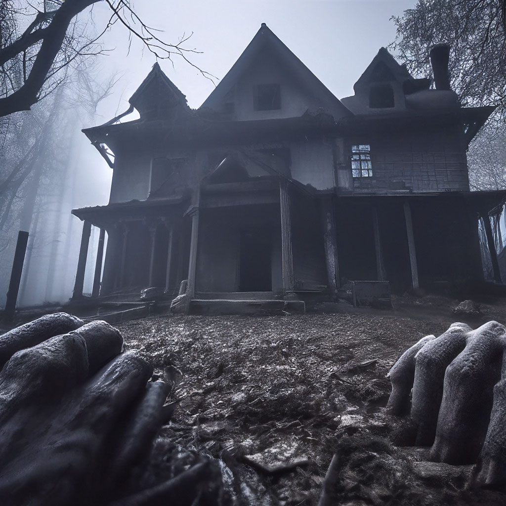 "Darkness enveloped the decrepit house in which evil lives, hands from ...