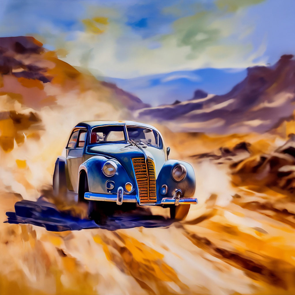 "Vintage car rally, drivers in caps and glasses impressionist painting ...