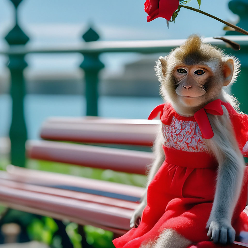 "Photo by ectachrome, shallow depth , A monkey in a red organza ...