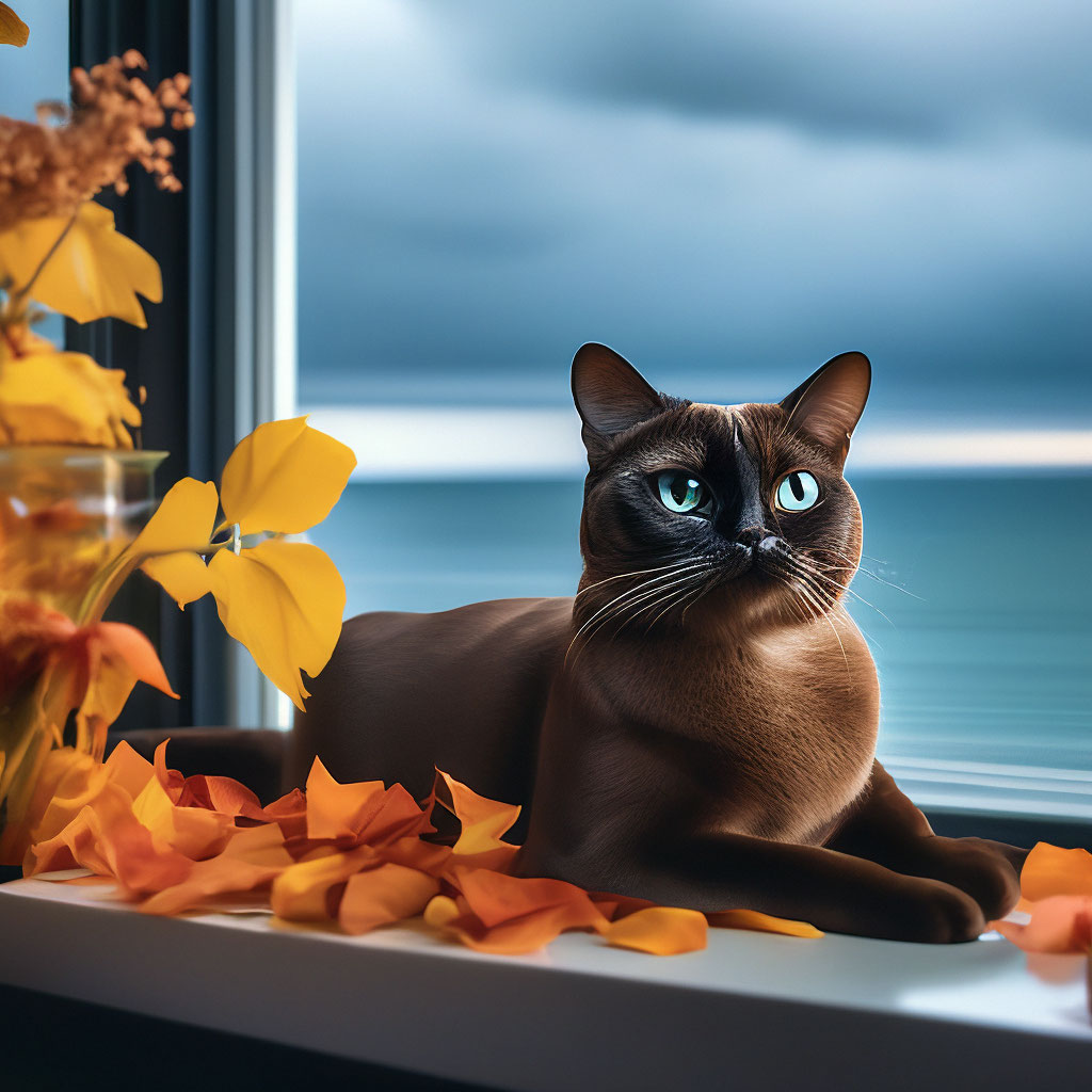 "Burmese shorthair cat is a solid dark brown color , lying on the ...