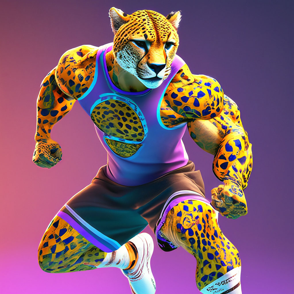 "Anthropomorphic bodybuilder in the form of a cheetah, sports shorts, t ...
