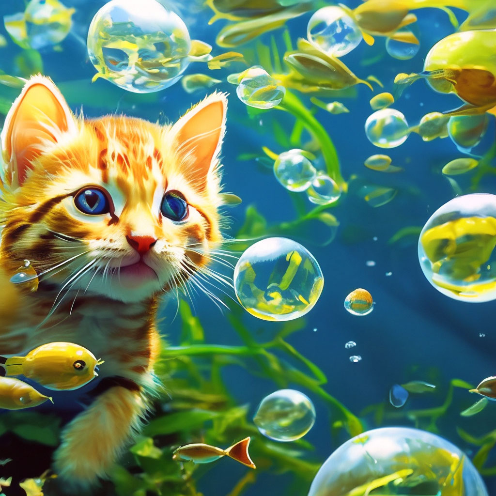 "Cute kitty fish underwater among algae and bubbles. clear water ...