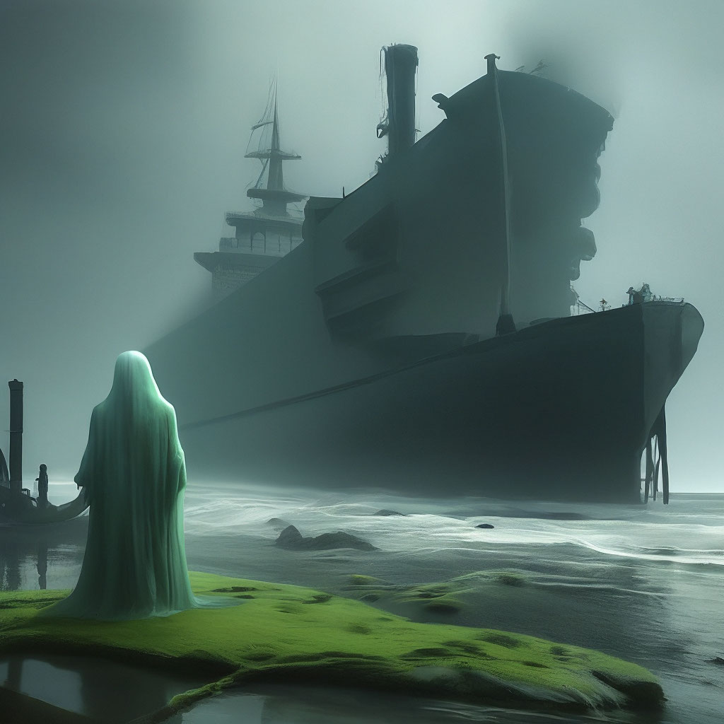"Ghost near the ship,dirty,gloomy,moss,water,nozzle,slime" — image ...