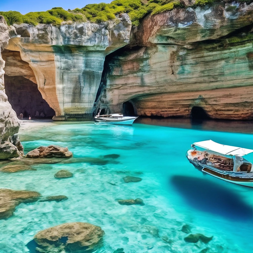 "A blue lagoon with very clear turquoise water,a high rocky cliff with ...