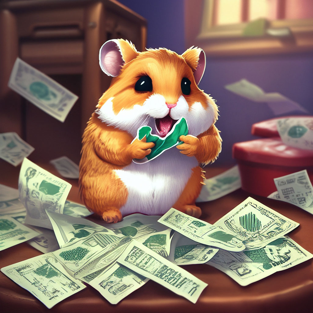 "Cartoon hamster gnawing a pack of bills" — image created in Shedevrum