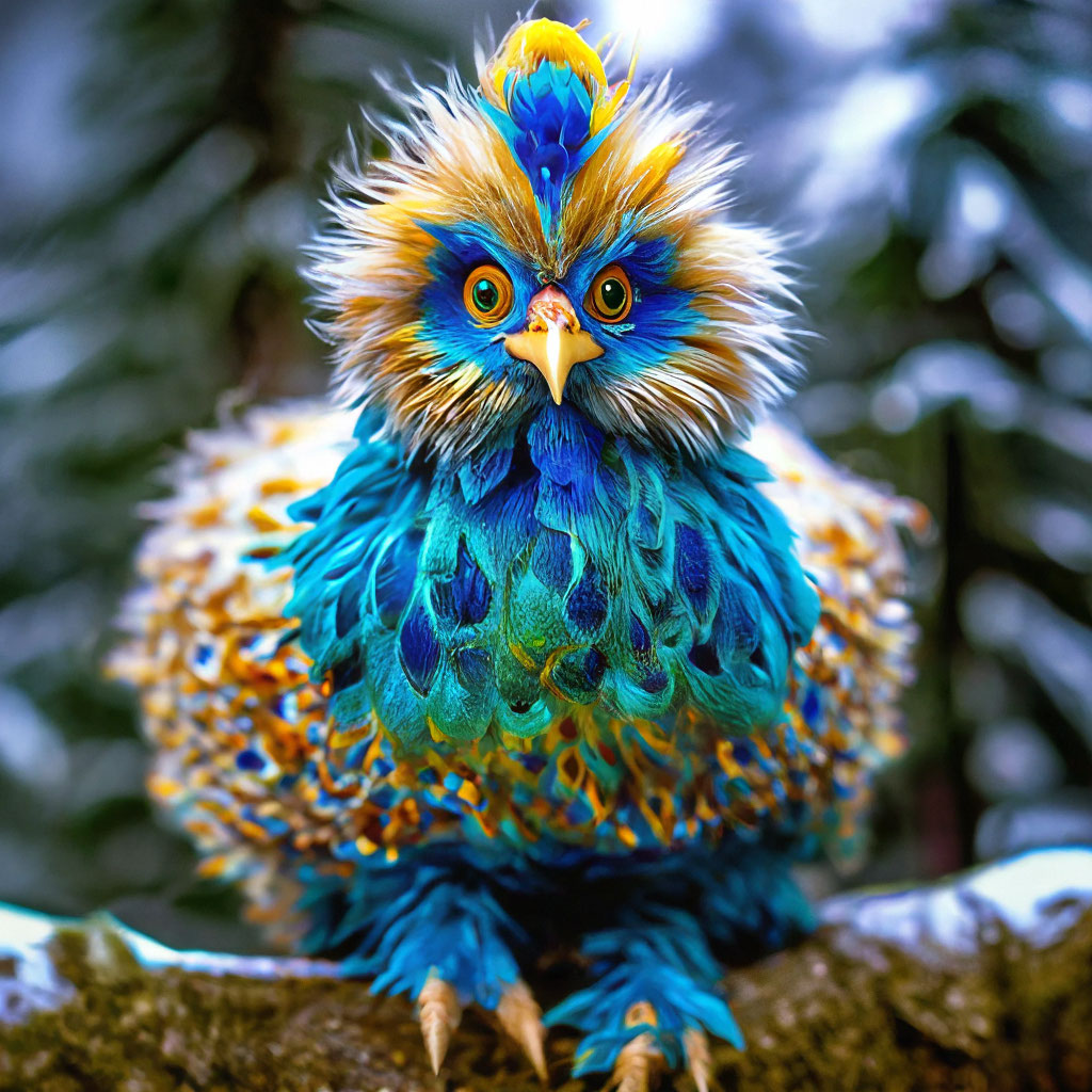 "Fabulous furry fluffy funny chicken sitting on a spruce branch made of ...