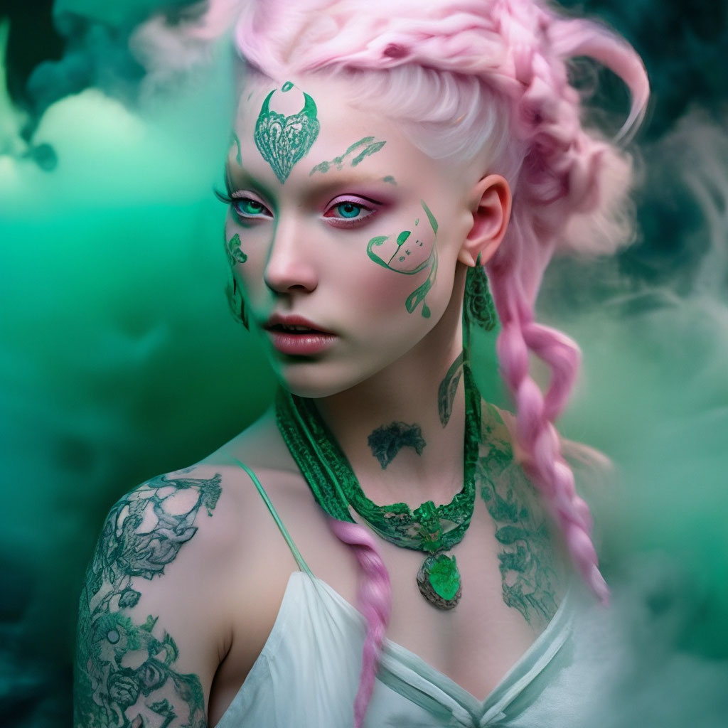 "Portrait, foreground pink smoke, foreground the face of a beautiful ...
