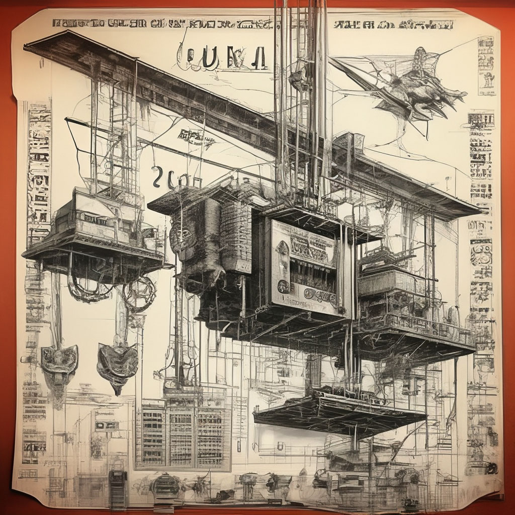 "A drawing of a cyber crane, the basis is paper, whatman, more details ...