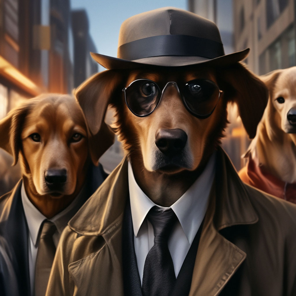"Dogs, realism, detectives, noir" — image created in Shedevrum