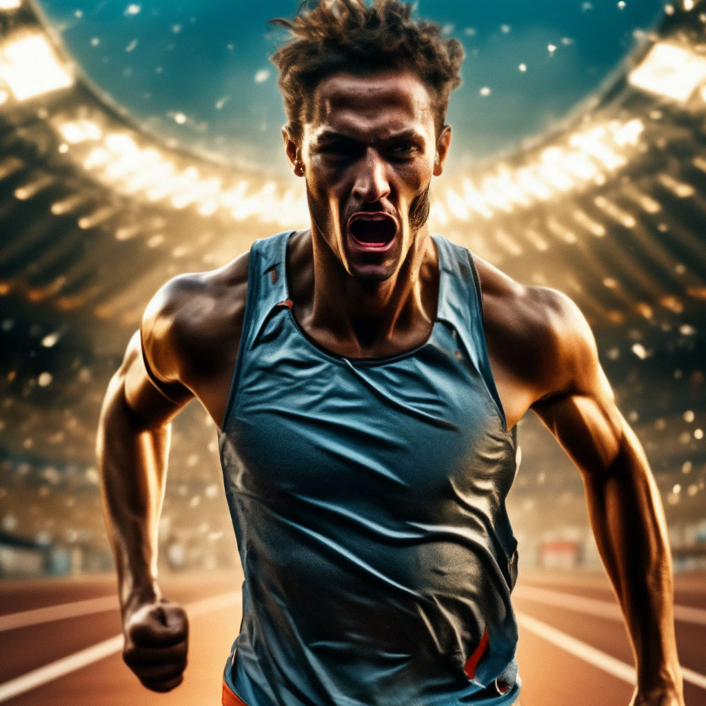 "Athlete runner full height, emotions on his face,drops of sweat ...