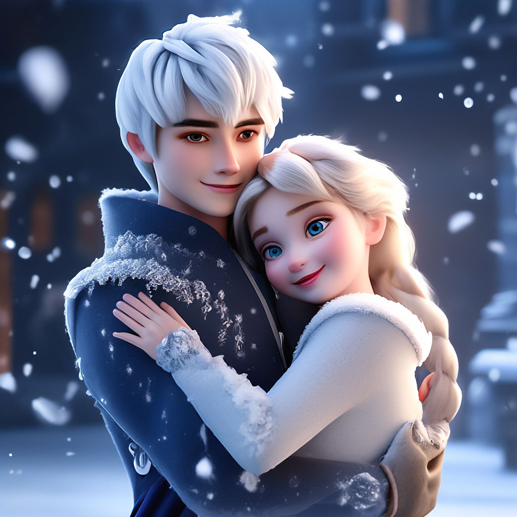 "Beautiful and sweet Elsa and beautiful ice Jack are hugging, snow and ...