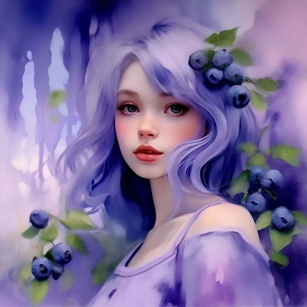 "Watercolor,painting, blueberry forest girl, fabulously beautiful, milk ...