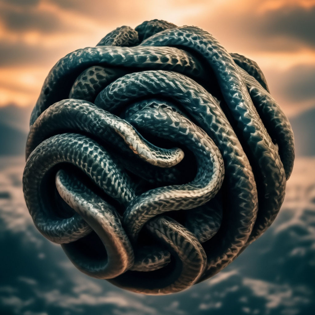 "A tangle of snakes in the form of a planet, drawing" — image created ...